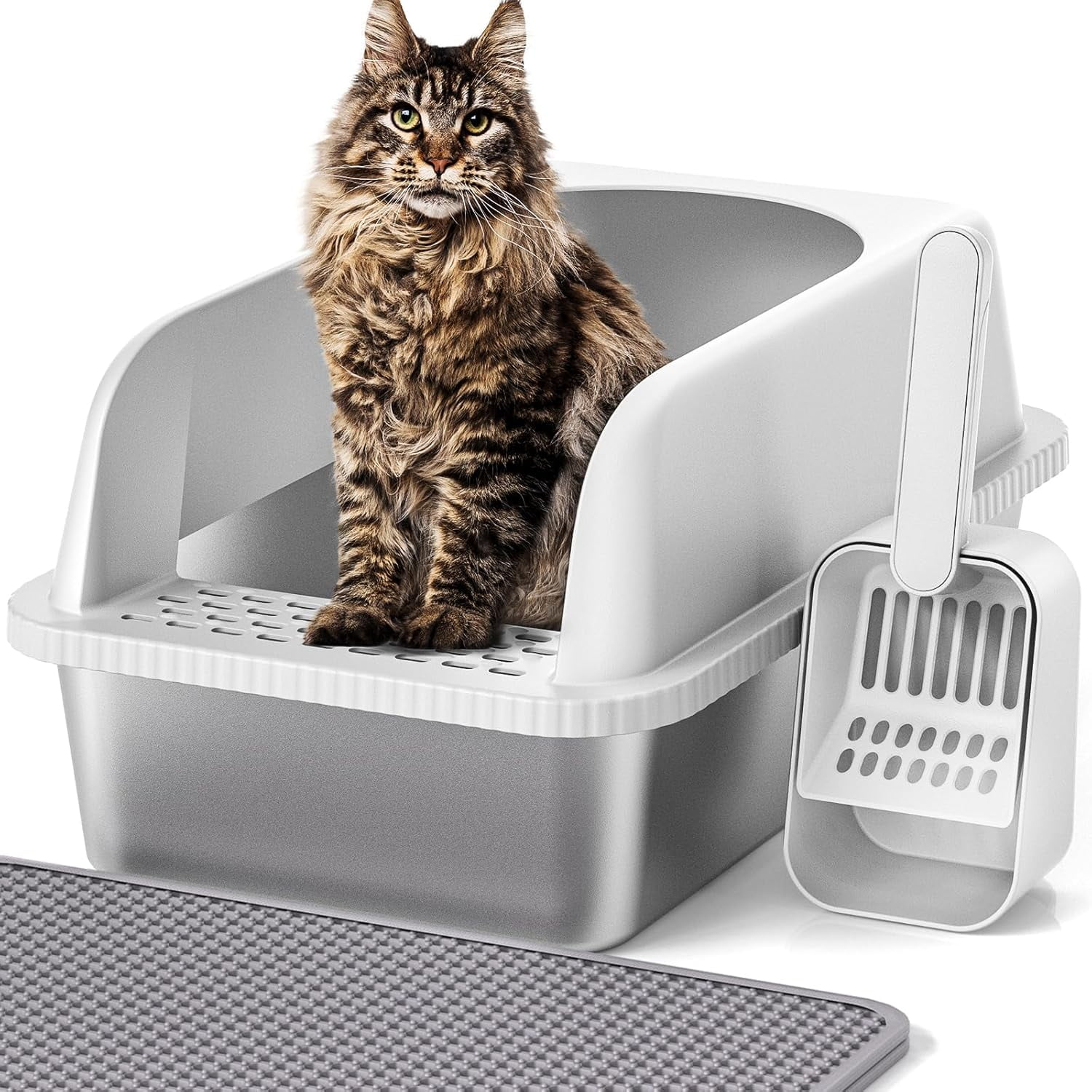 Stainless Steel Cat Litter Box with Lid, 20" L x 14.2" W x 11.8" H, Extra Large Litter Box for ...