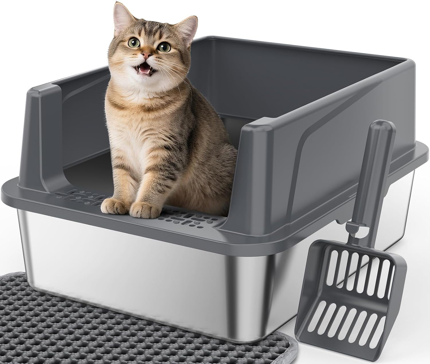 Stainless Steel Cat Litter Box with Lid – High-Sided Metal Litter Pan ...