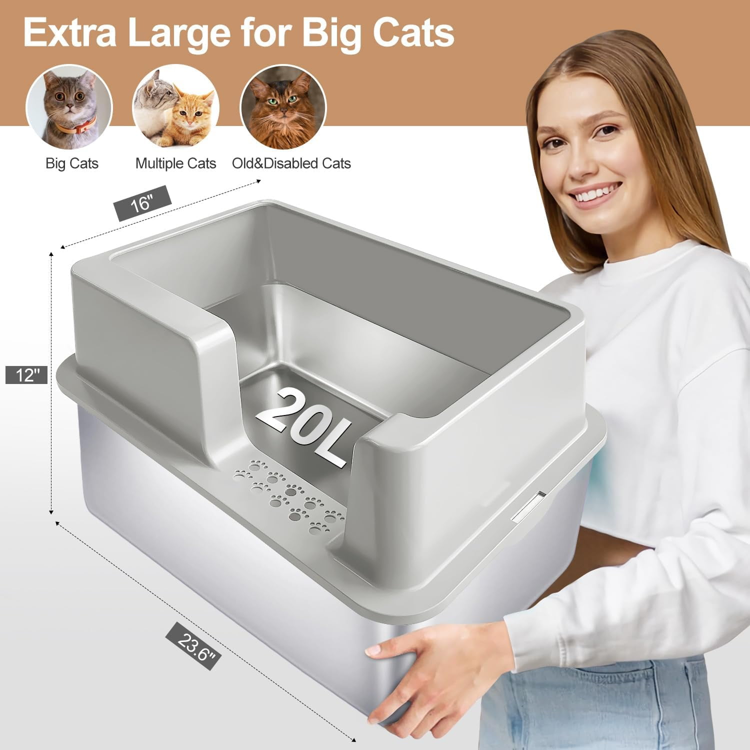 Stainless Steel Cat Litter Box with Lid Litter Pan Enclosure, Extra ...