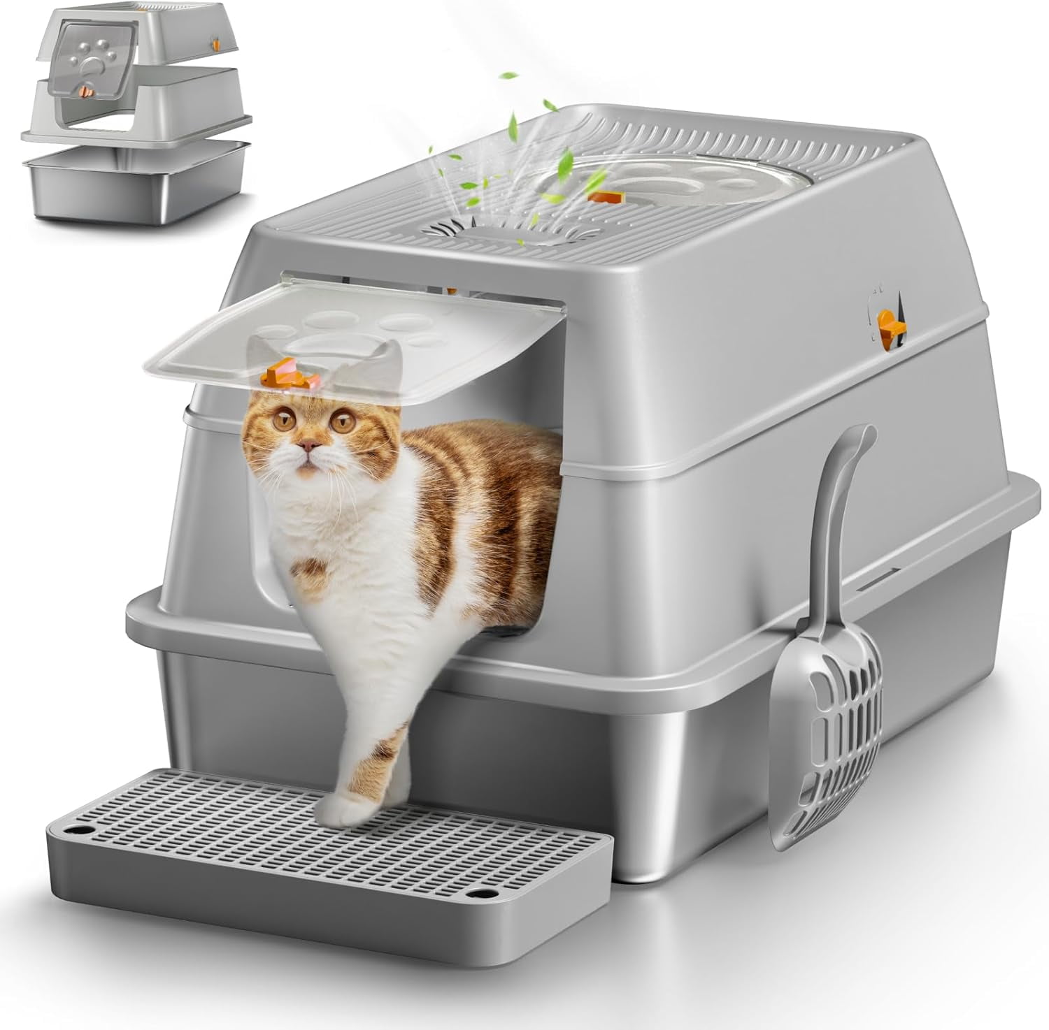 Litter Box With Lid Stainless Steel Cat , 180° Flip Top XL Enclosed ...