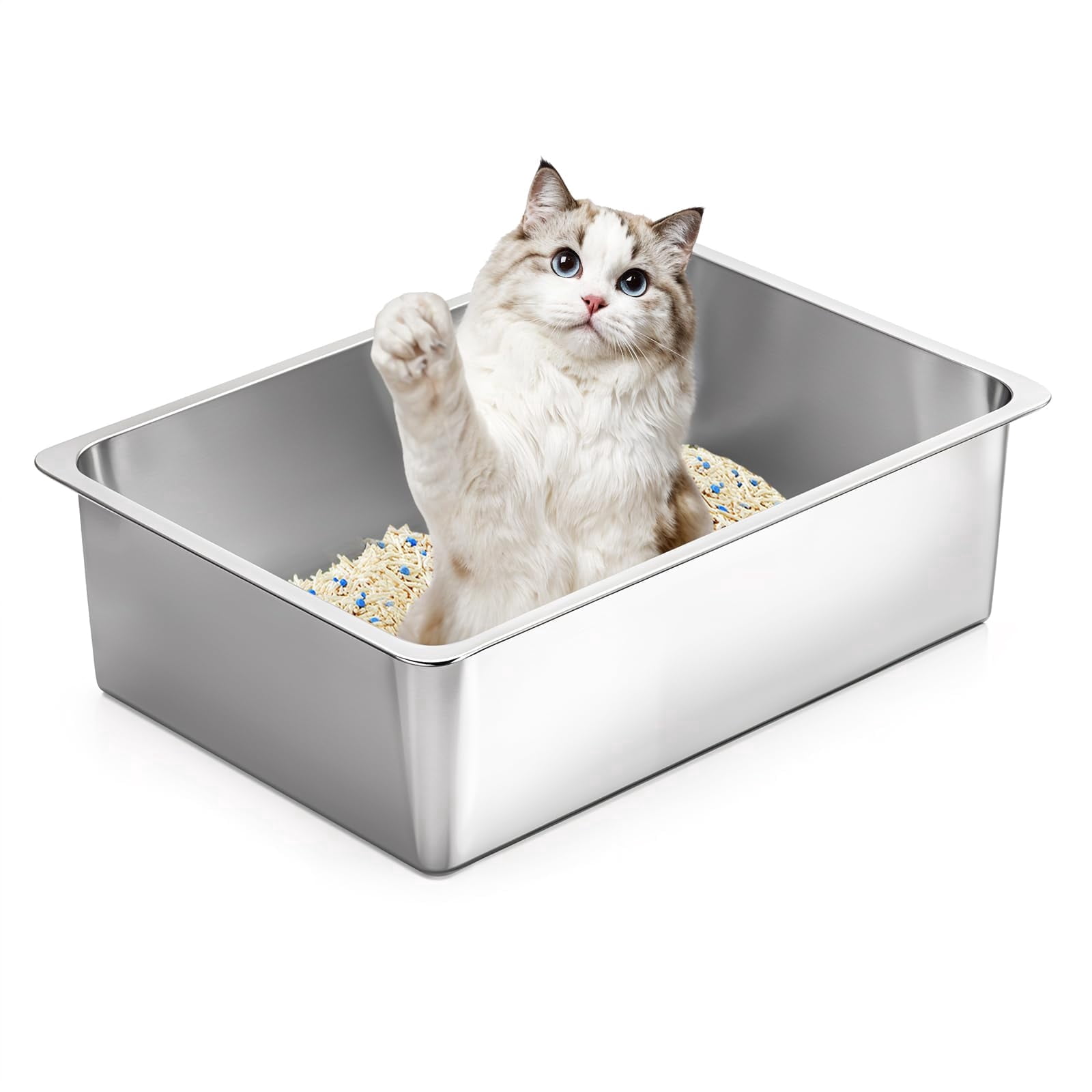 Stainless Steel Cat Litter Box - Metal High Sided Cat Pan, Large ...