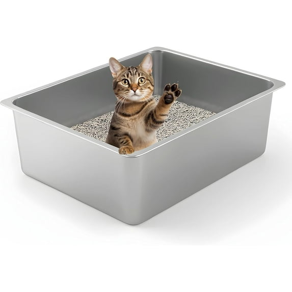 Stainless Steel Cat Litter Box - Metal High Sided Cat Pan, Large ...