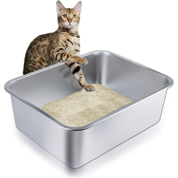 Stainless Steel Cat Litter Box - Metal High-Sided Litter Pan for Cats ...