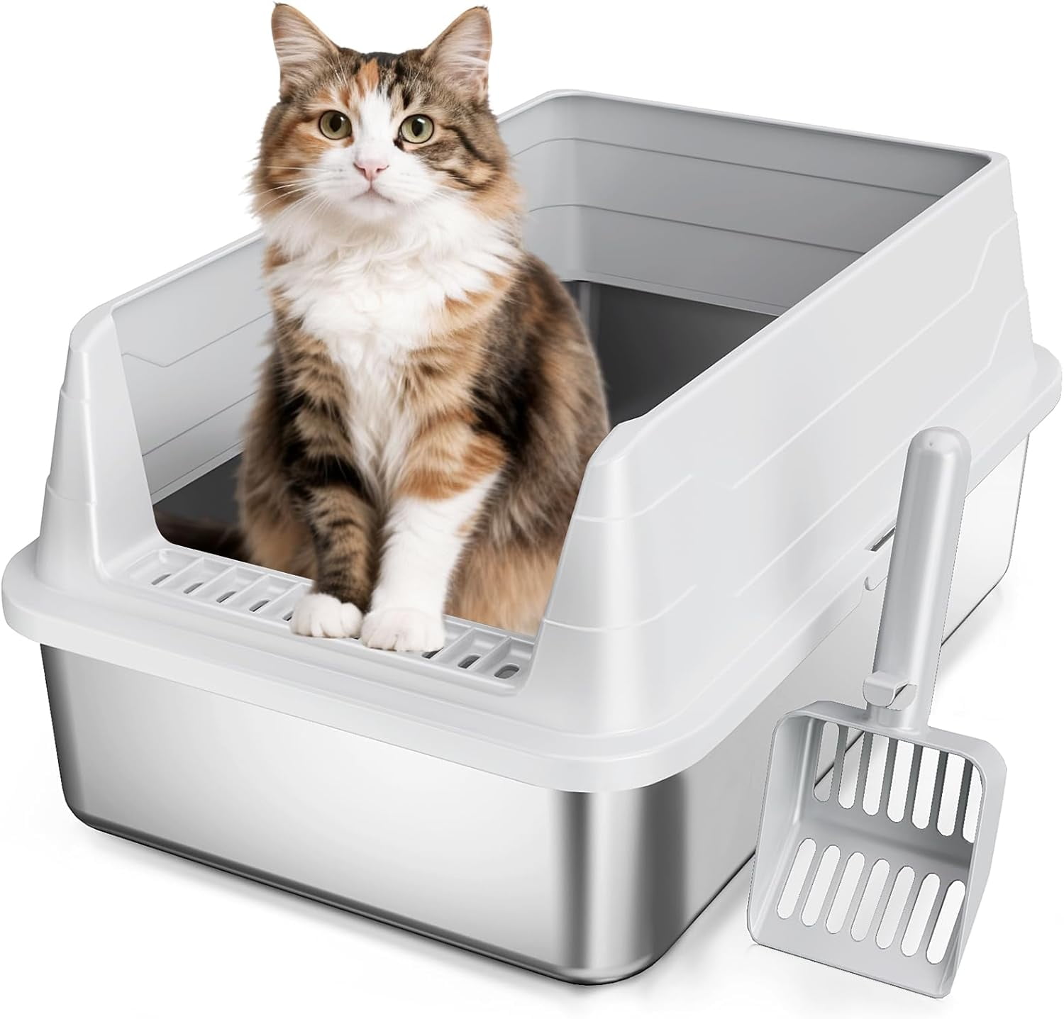 Stainless Steel Cat Litter Box, Odor Free Metal Litter Box with High ...