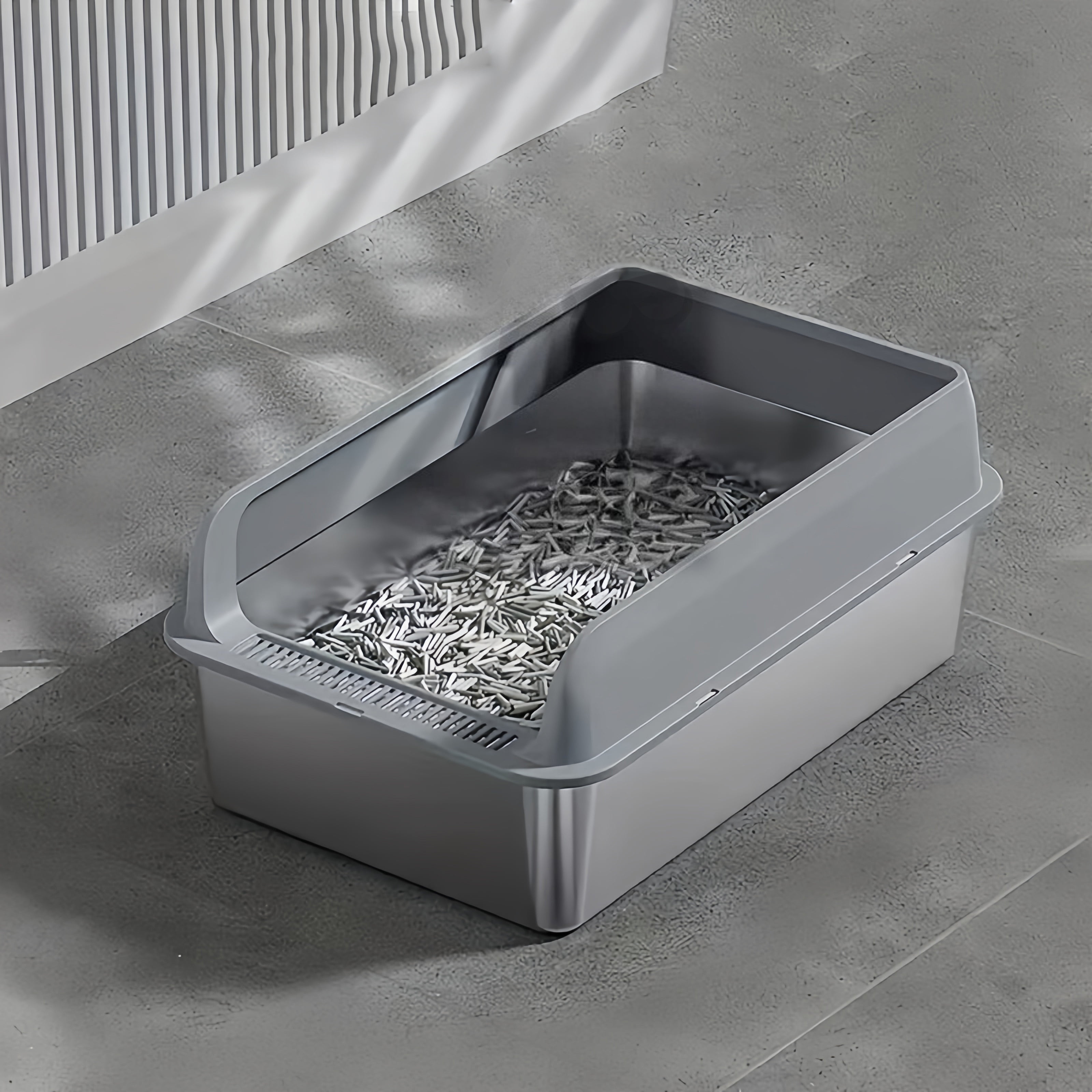 Stainless Steel Cat Litter Box with Splash-Proof Cover - Semi-Enclosed ...