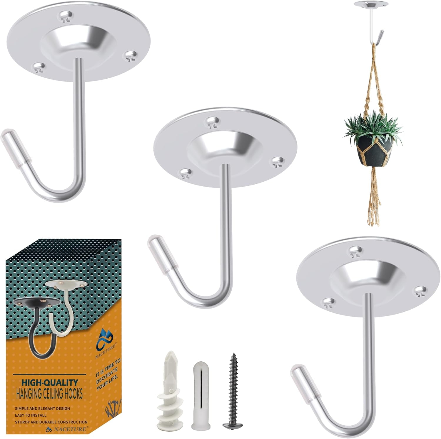 Stainless Steel Ceiling Hooks for Hanging Plants 3 Pack - Plant Hanger ...