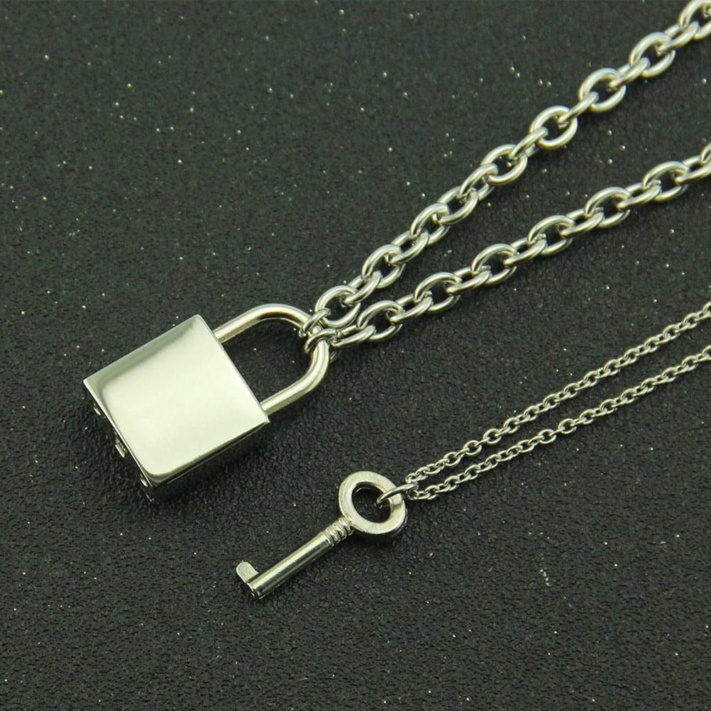 Stainless Steel Chain Necklace Lock Key Pendant Necklace Couple Padlock ...