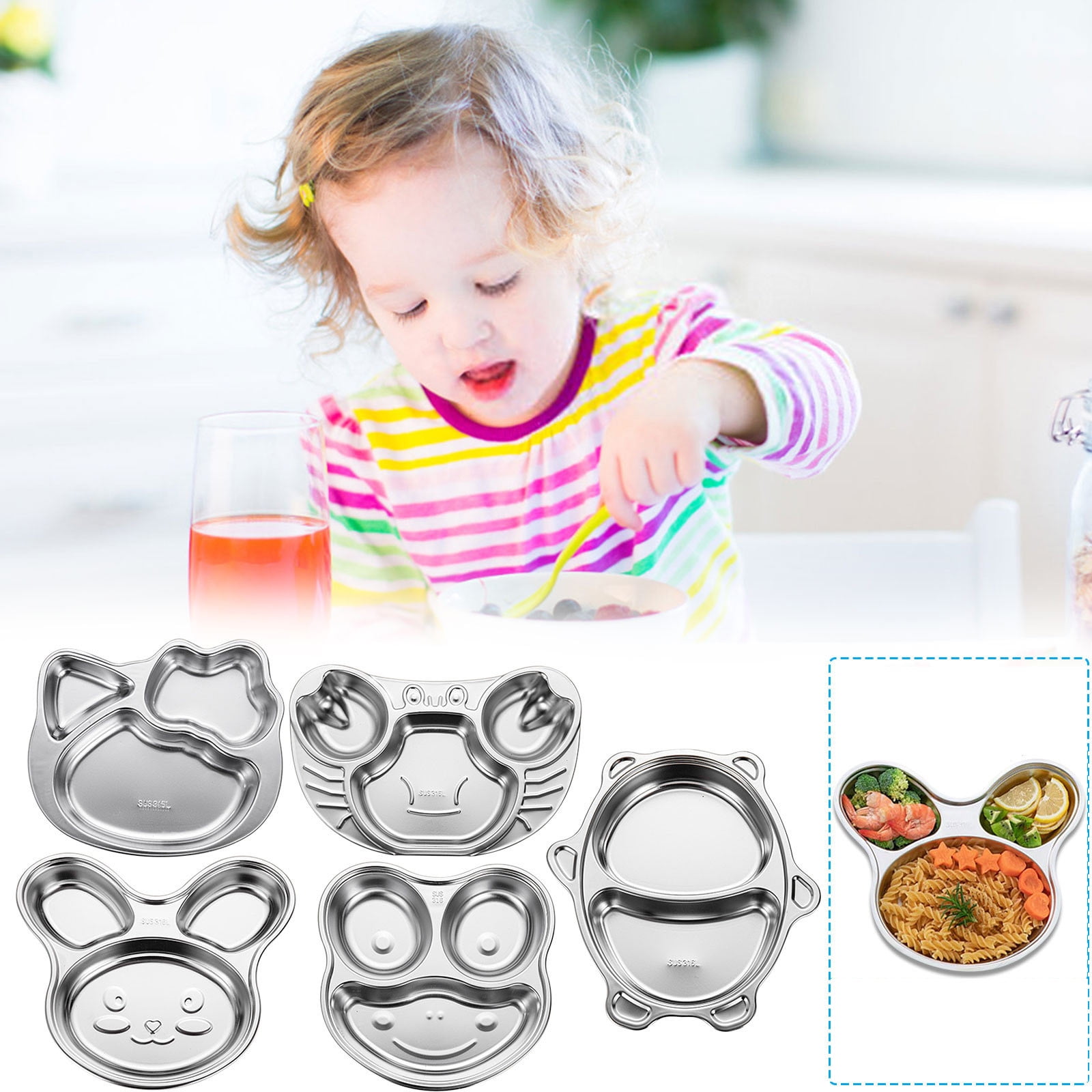 Stainless Steel Children's Eating Tray, Divided Food Plate, Portable ...