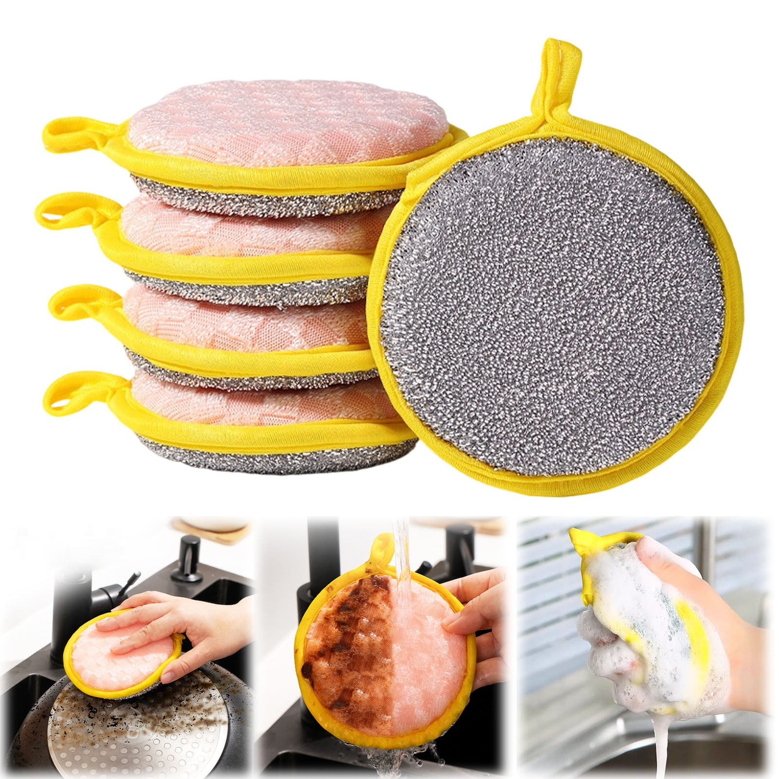 Stainless Steel Cleaning Balls,5PCS Fiber Kitchen Dish Sponge Round ...