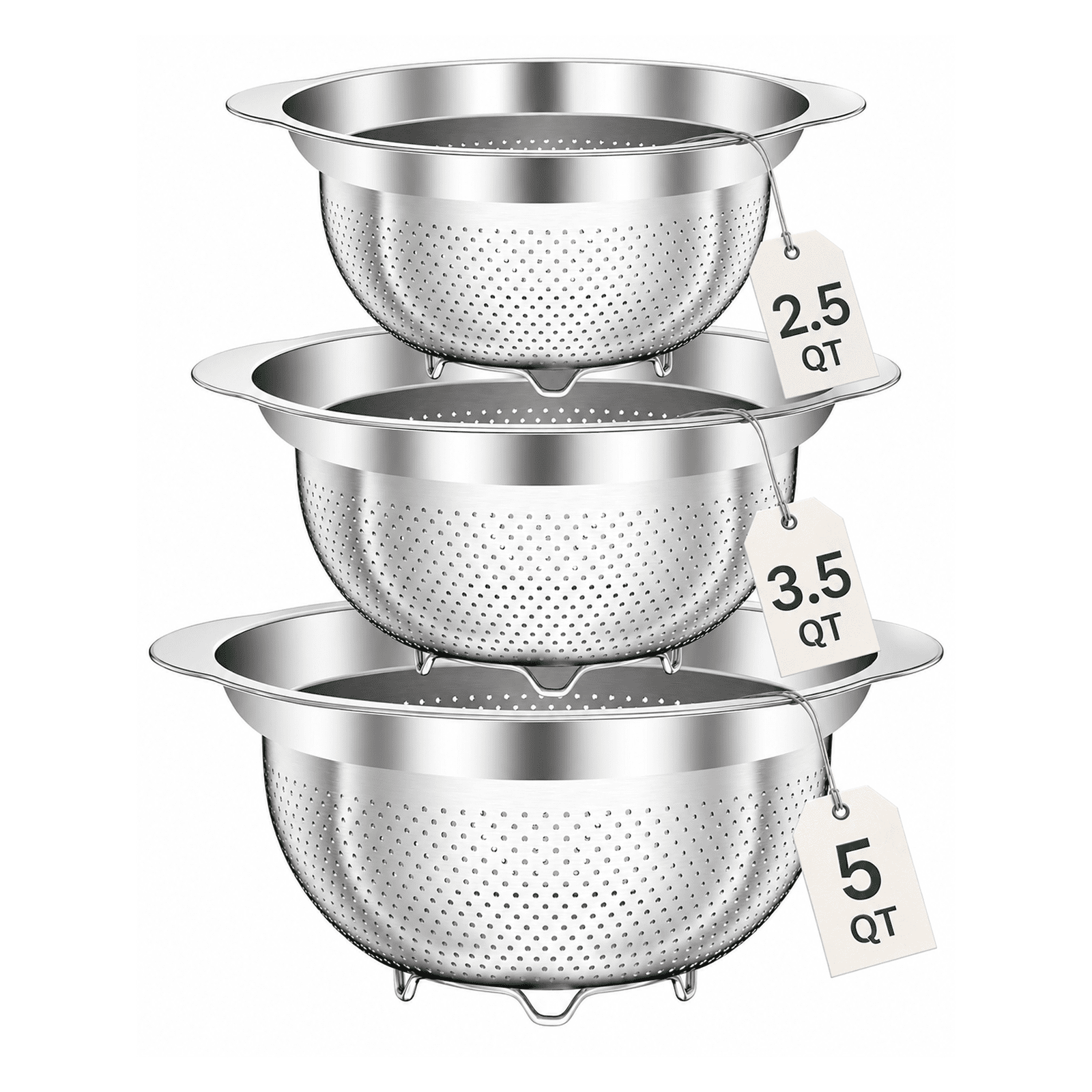 Stainless Steel Colander Strainer Set, 3 Pcs Metal Colanders for ...
