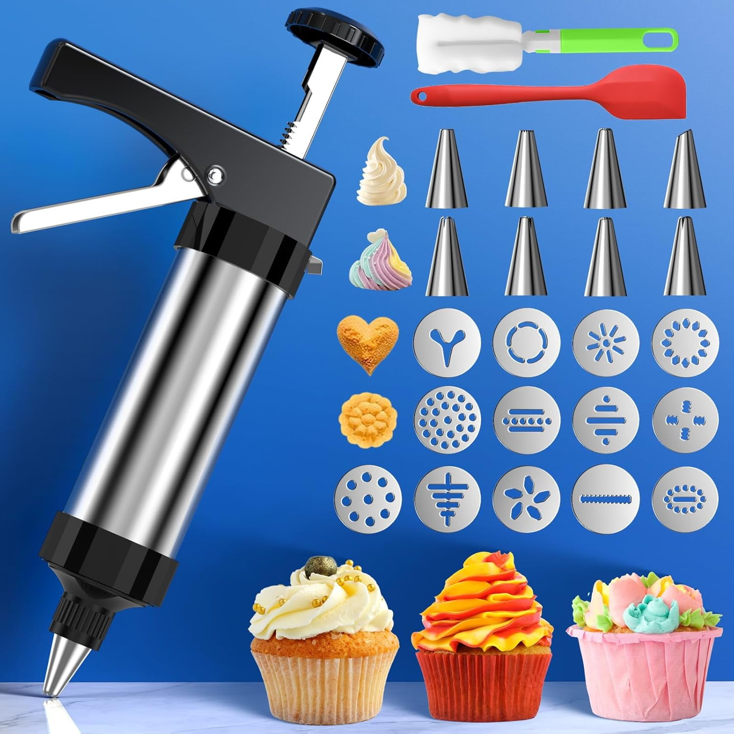 Stainless Steel Cookie Press, Kitchen Baking Set with 13 Discs & 8 ...