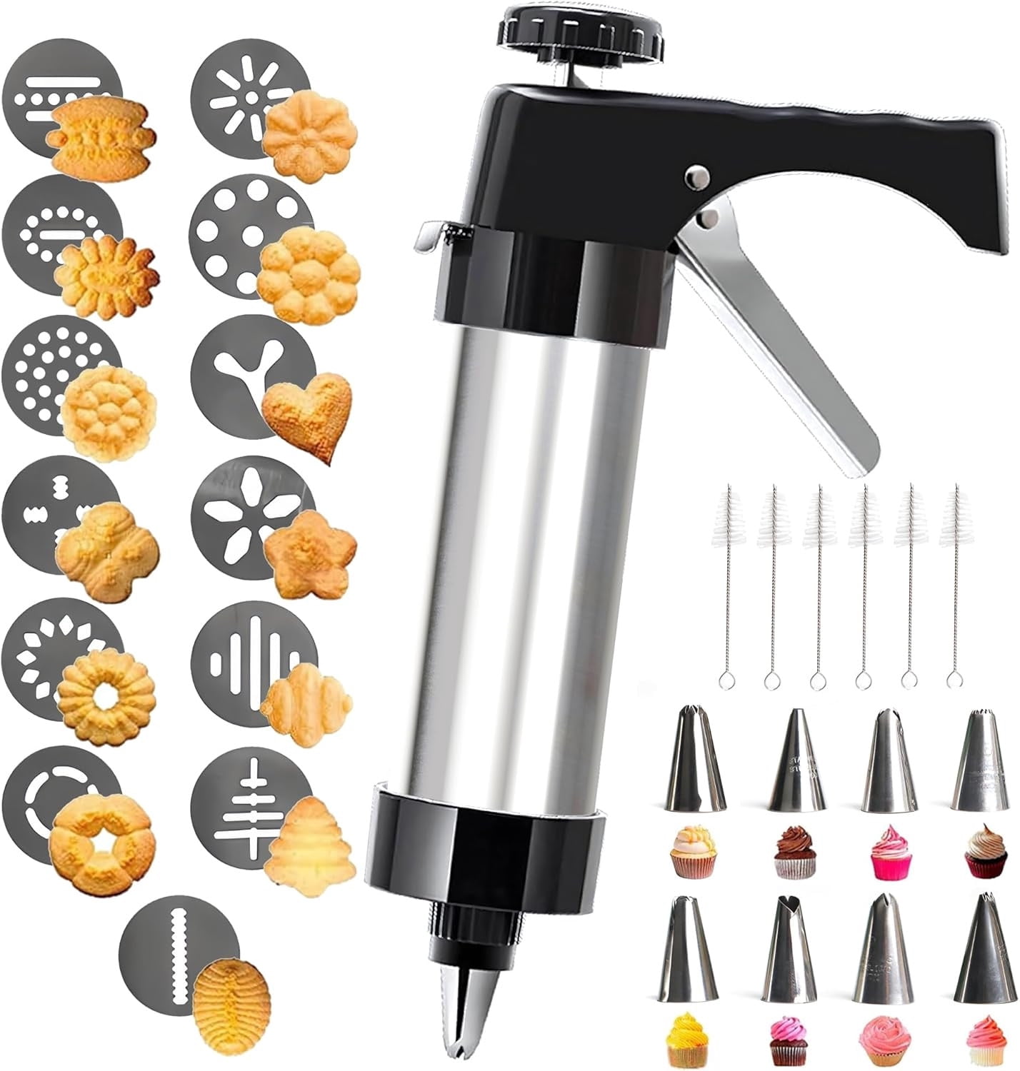 Stainless Steel Cookie Press Set with 13 Discs and 8 Icing Tips ...