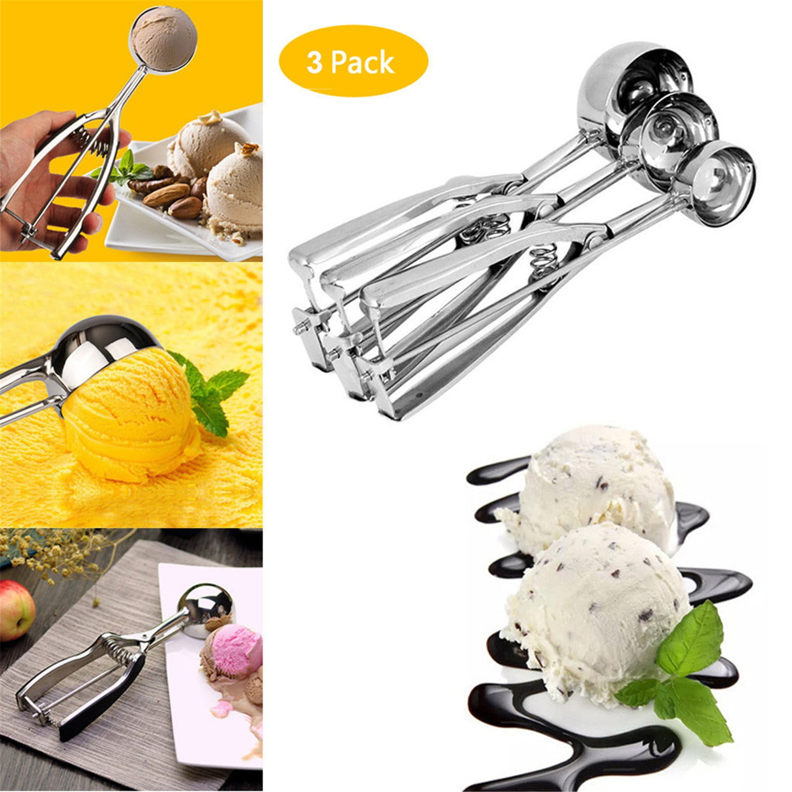 Stainless Steel Cookie Scoops Set Versatile Trigger Ice Cream Scoop. 3 ...