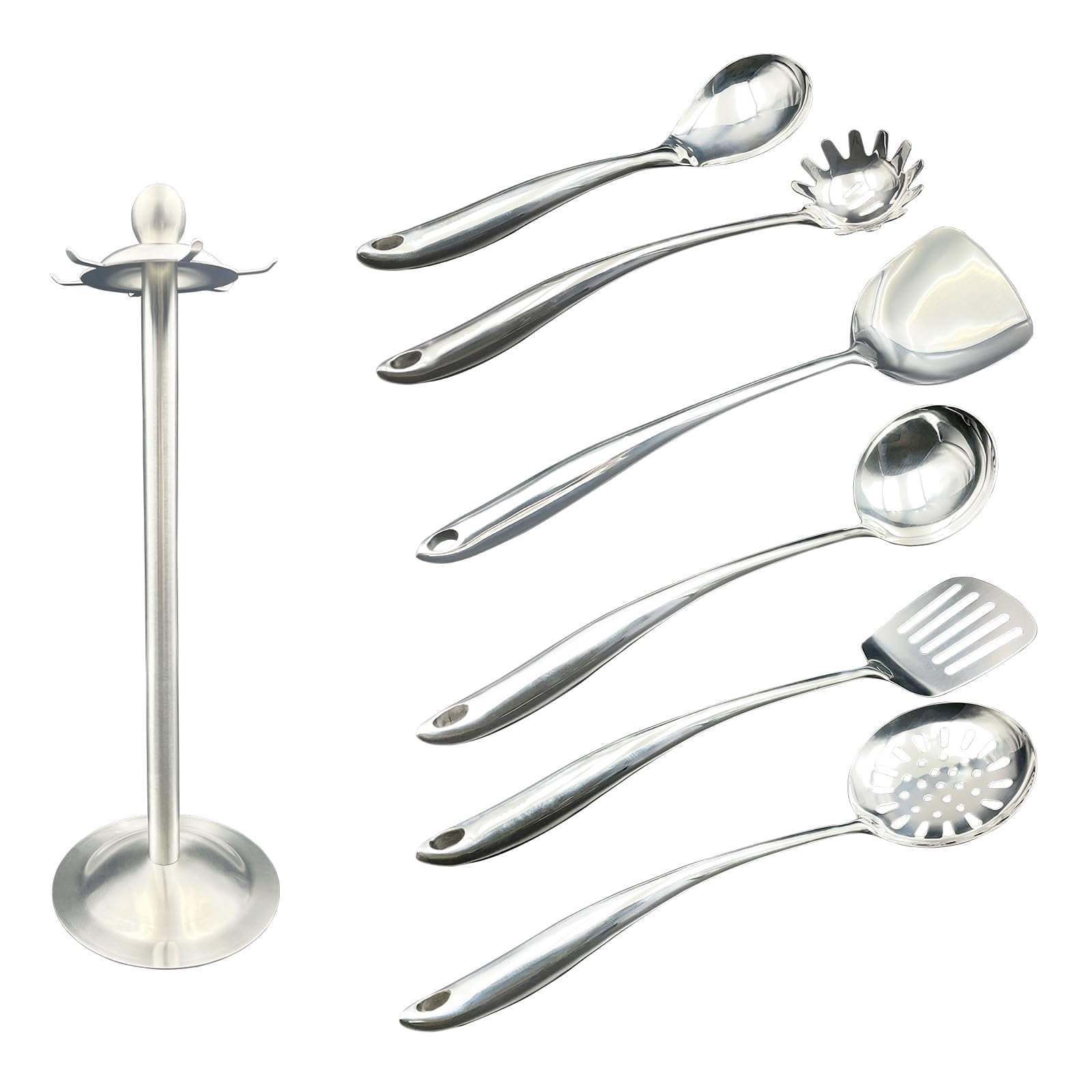 Stainless Steel Cooking Utensils Set with Holder, 7-Pieces All Metal ...