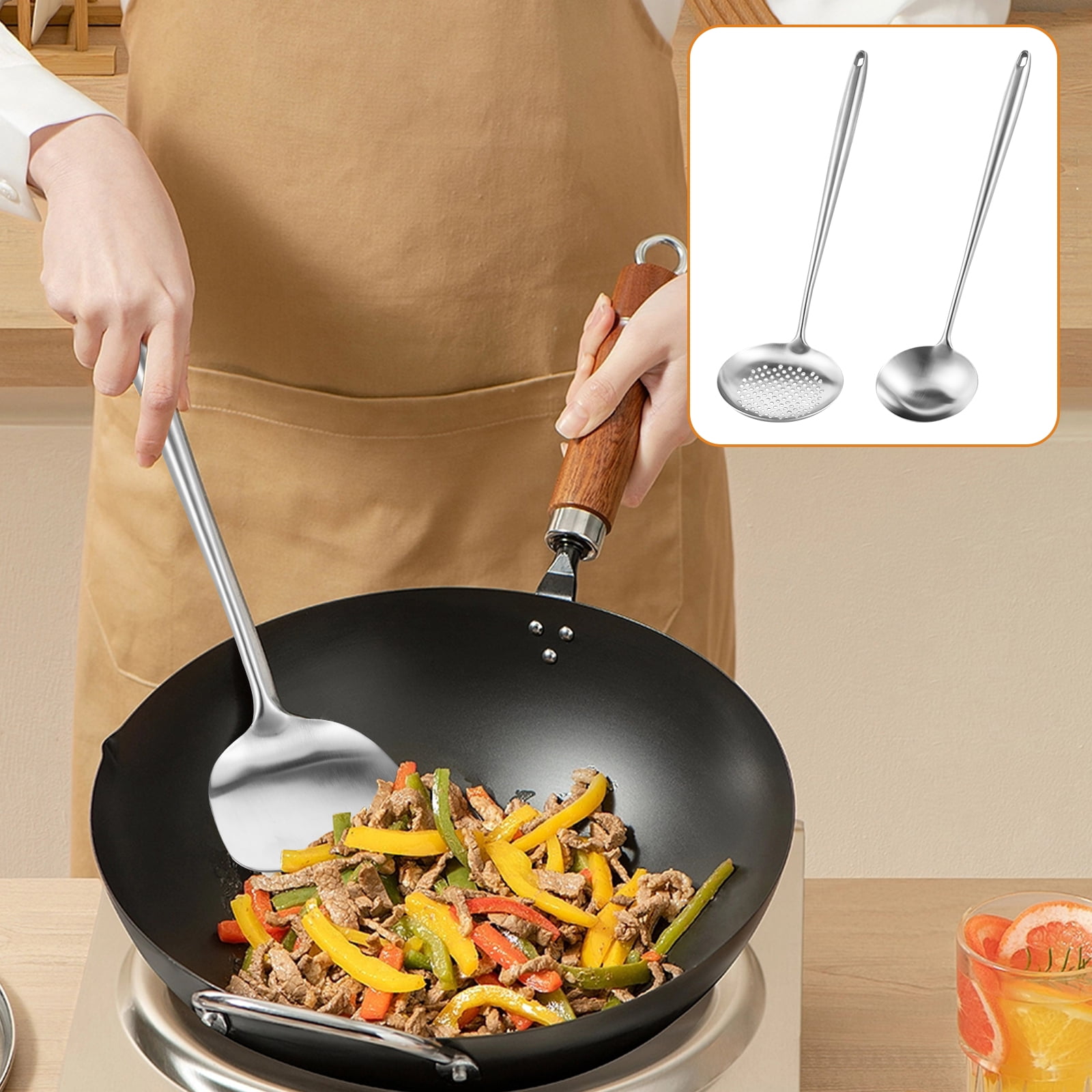 Stainless Steel Cooking Utensils Set Solid Wok Spatula and Ladle Kit ...