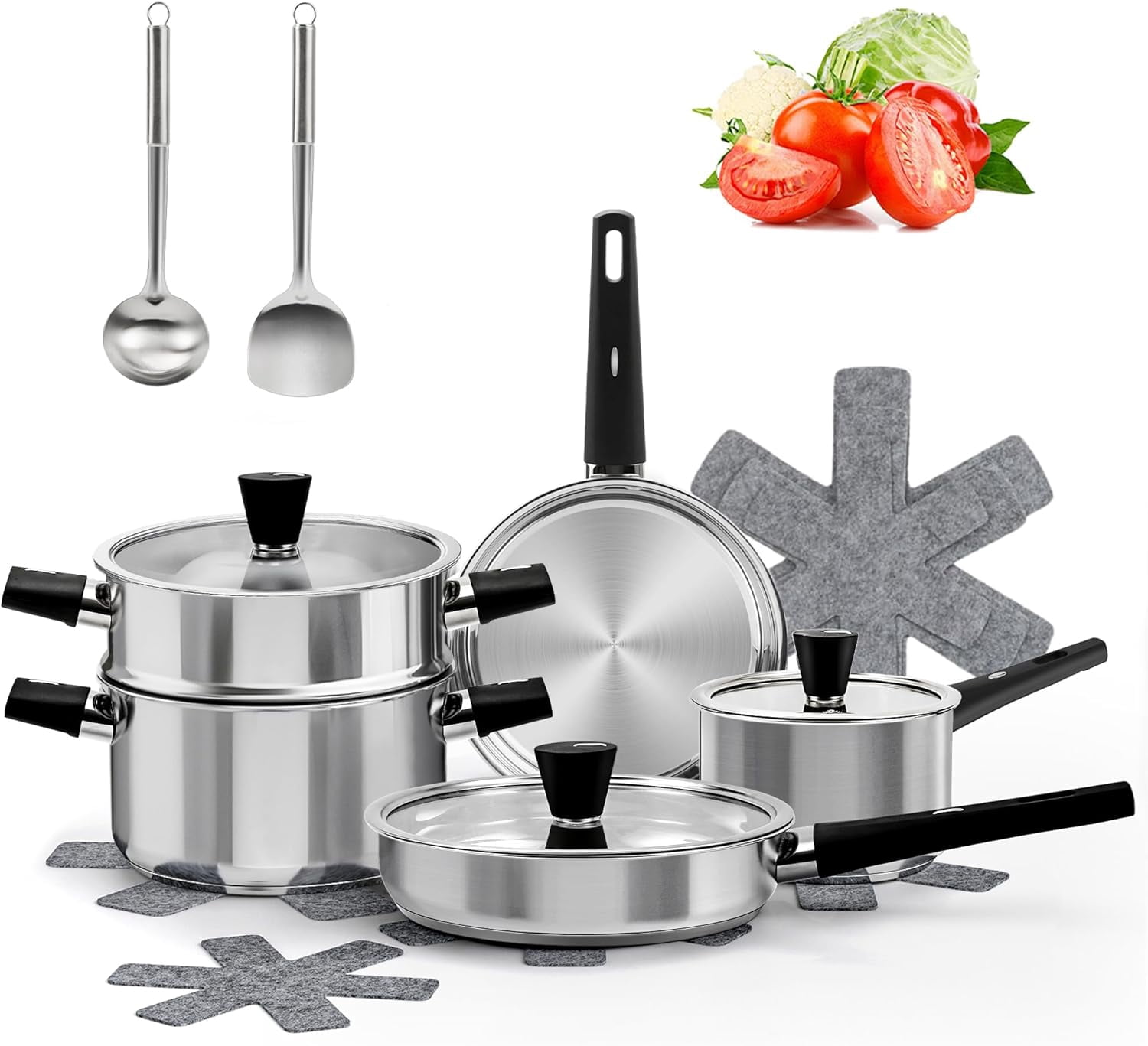 Stainless Steel Cookware Set, 14-Piece Pots and Pans Set, Kitchen ...