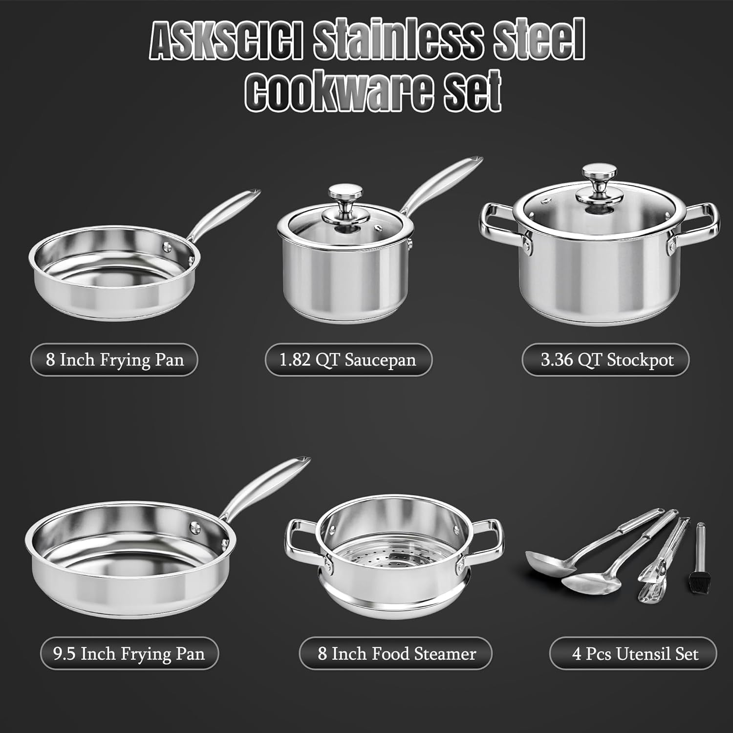 Stainless Steel Cookware Set, 16-Piece Pots and Pans Set Non Toxic ...