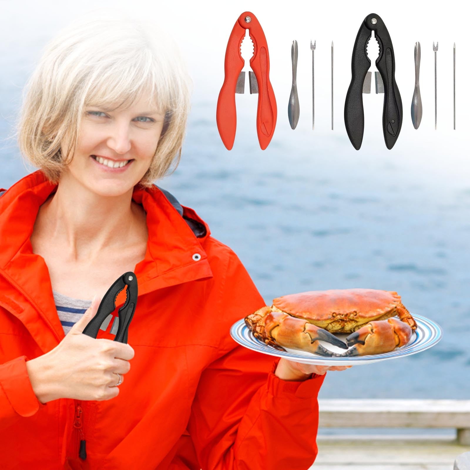 Stainless Steel Crab Cracker Set with Scissors Fork Peeler Tools Heavy Duty Seafood Cracking Kit ...