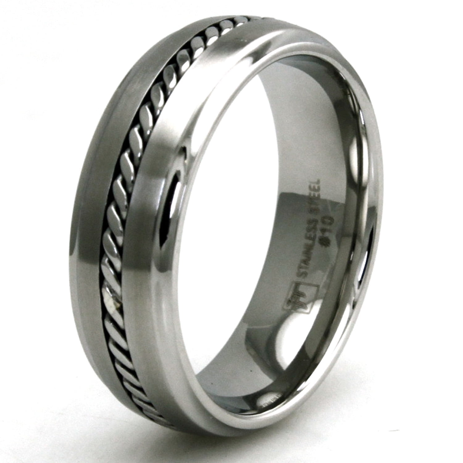 Tioneer Stainless Steel Curb Chain Inlay Center Strip Wedding Band Ring ...