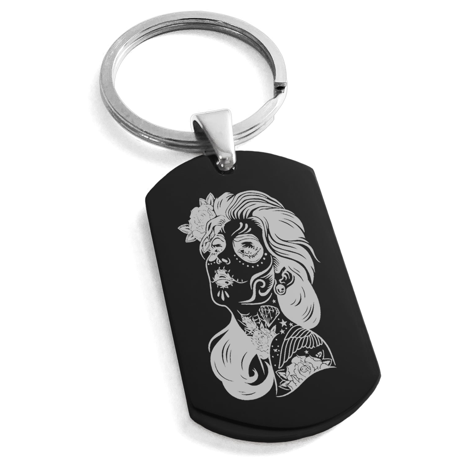 Tioneer Stainless Steel Day of the Dead Girl Portrait Engraved Dog Tag ...