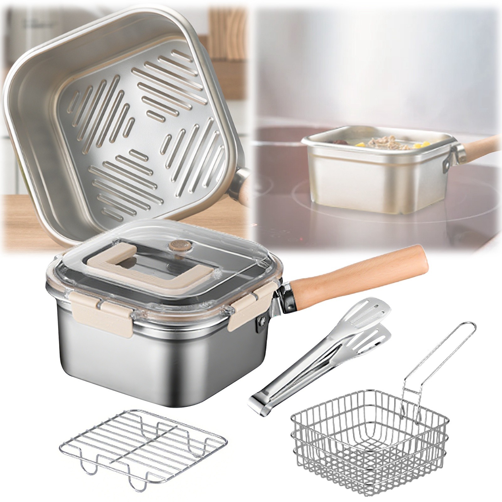Stainless Steel Deep Fryer Pot with Basket Portable Multi-Functional ...