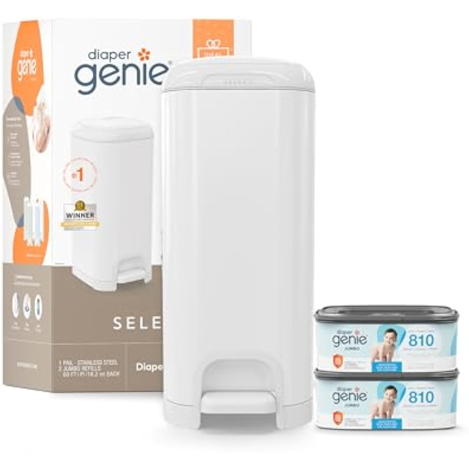 Stainless Steel Diaper Pail with 2 Jumbo Refills - Holds 1620 Newborn ...