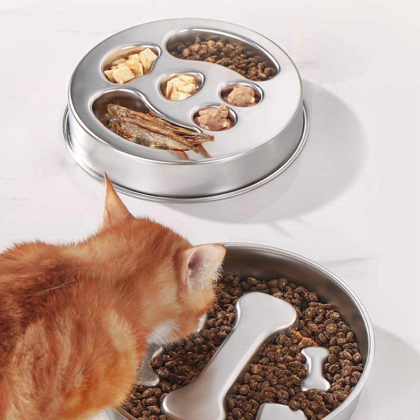 Stainless Steel Divided Sections Food & Water Bowl for Pets (bone style ...