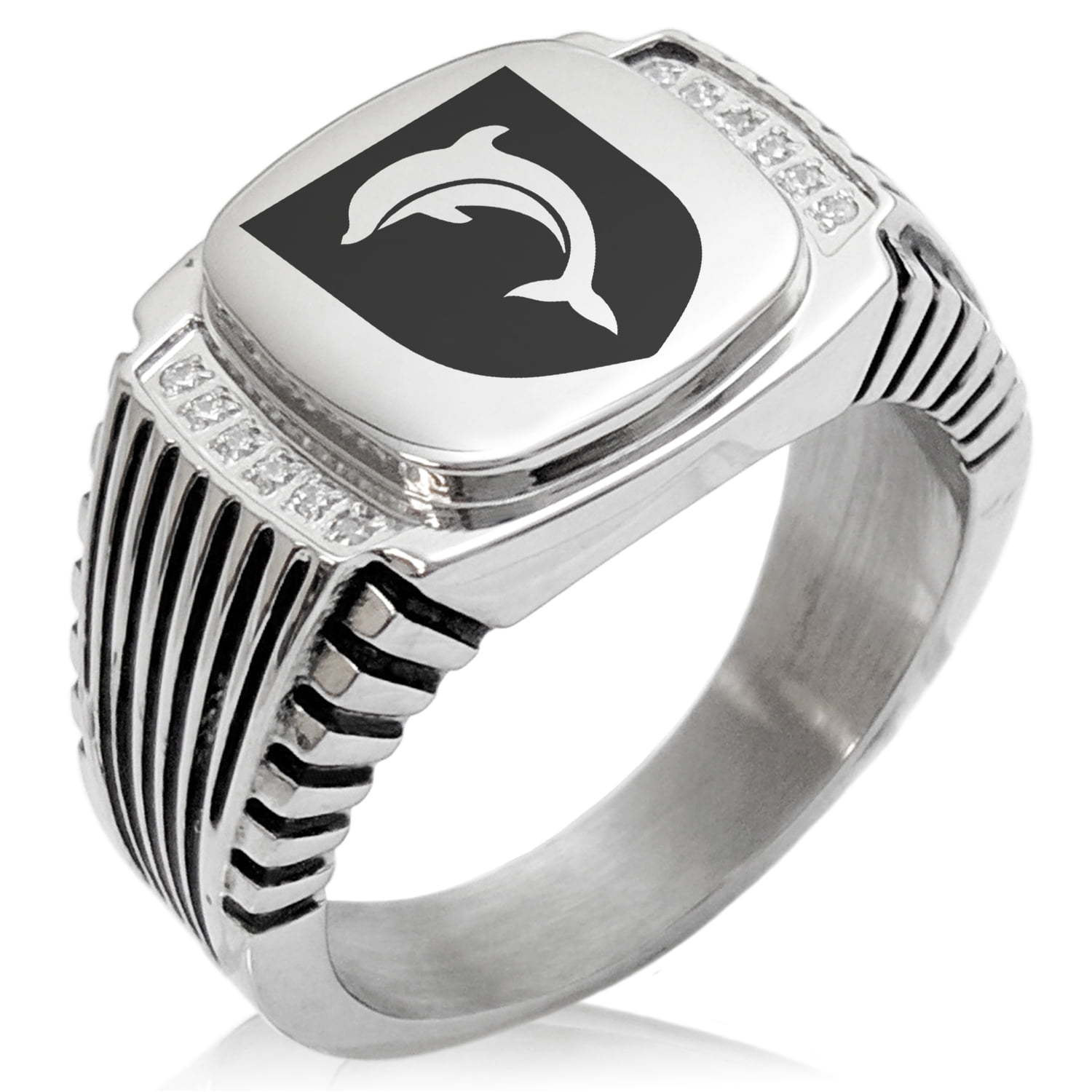 Tioneer Stainless Steel Dolphin Diligence Coat of Arms Shield CZ Ribbed ...