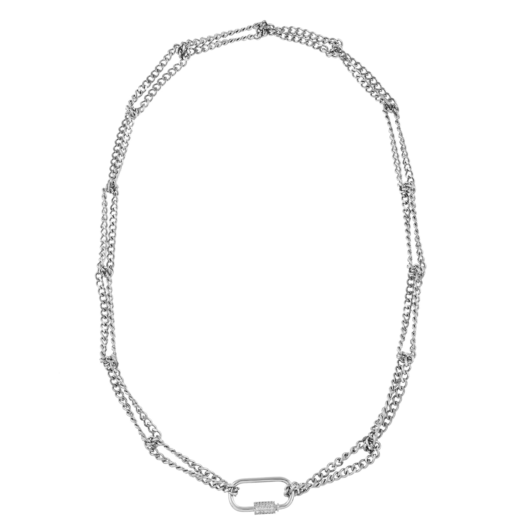 Stainless Steel Double Chain Carabiner Necklace - Long Silver Chain ...