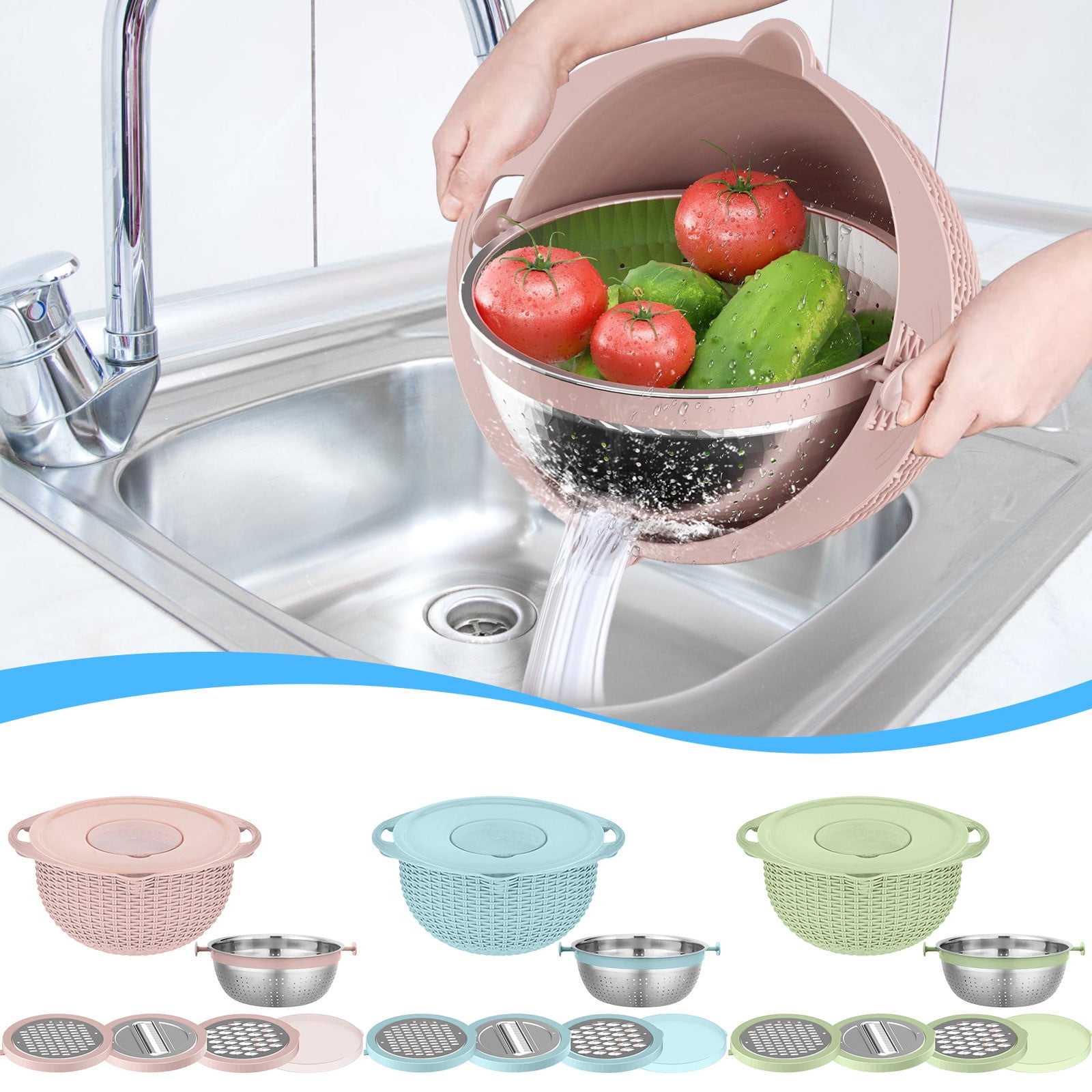 Stainless Steel Drainage Basket Rotating Colander Set | 4-in-1 Kitchen ...