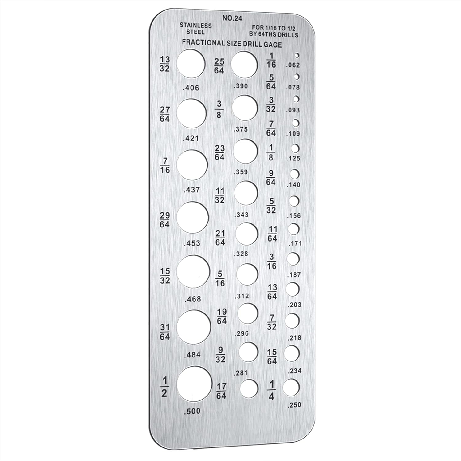 Stainless Steel Drill Gauges for 1/16 Inch to 1/2 Inch Size Bits, 17/64-1/2 0.062-0.250 Bolt and ...