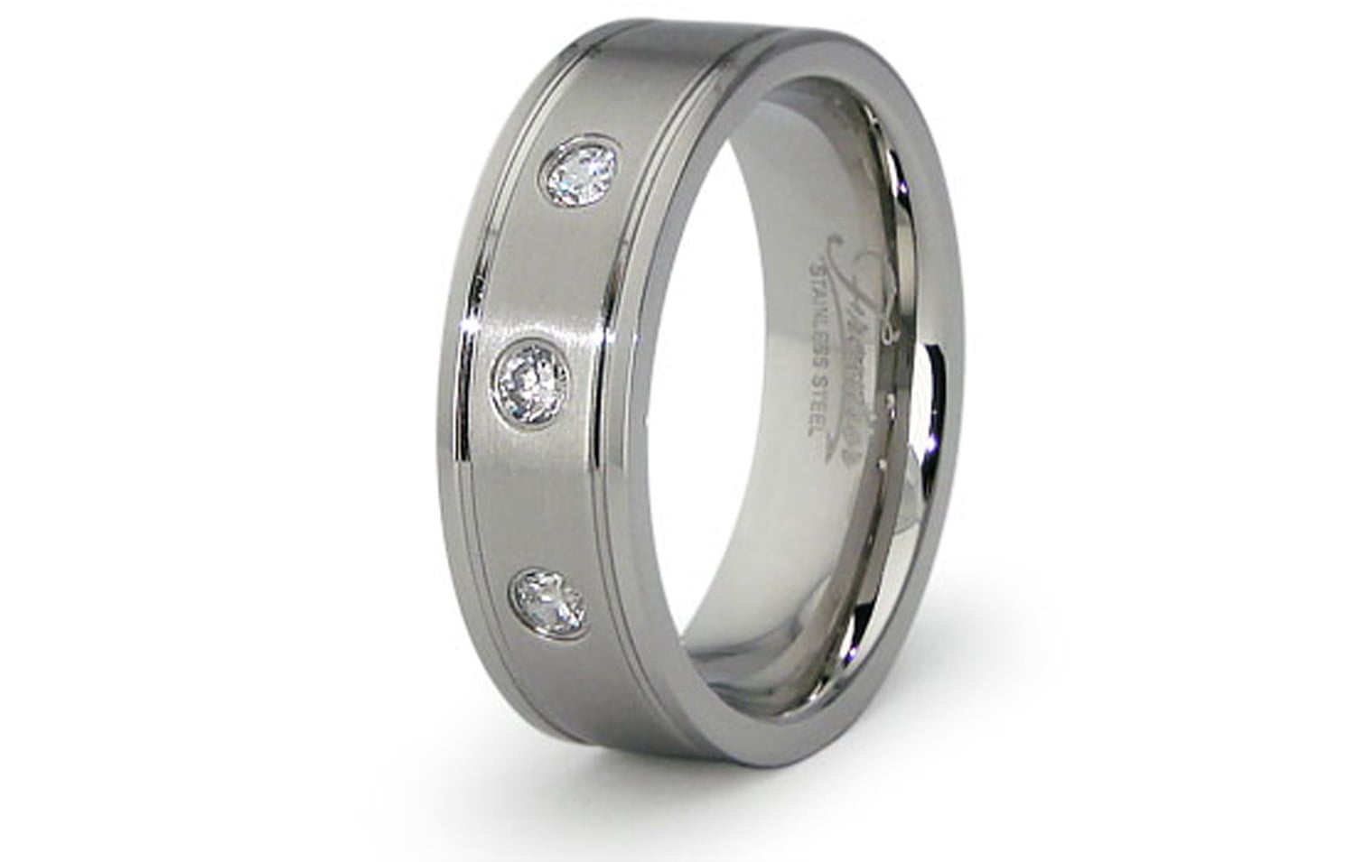 Stainless Steel Dual Grooved Strip Cubic Zirconia Wedding Band Ring ...