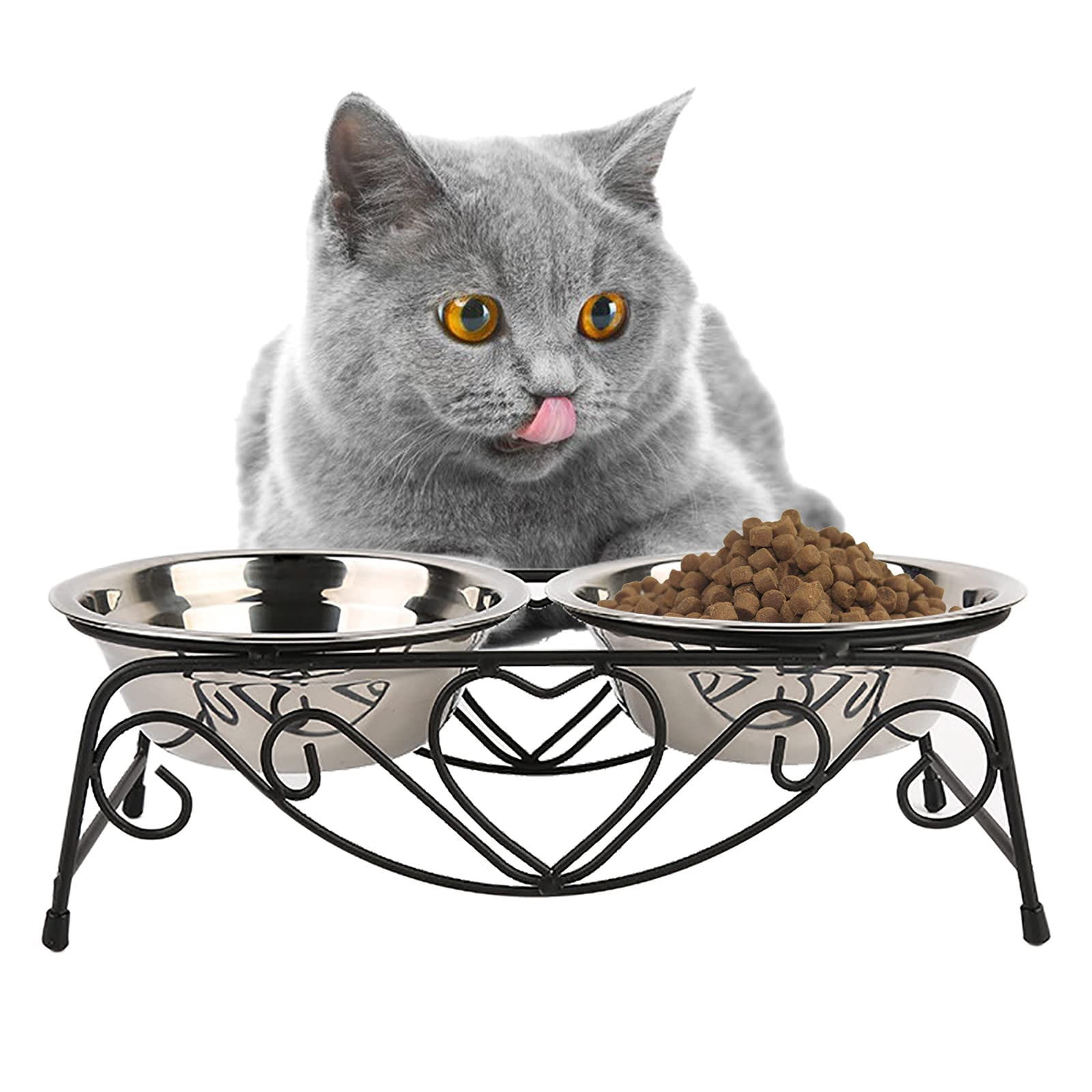 Stainless Steel Cat Food Bowls Double Feeding Dish Elevated Stand Pet ...