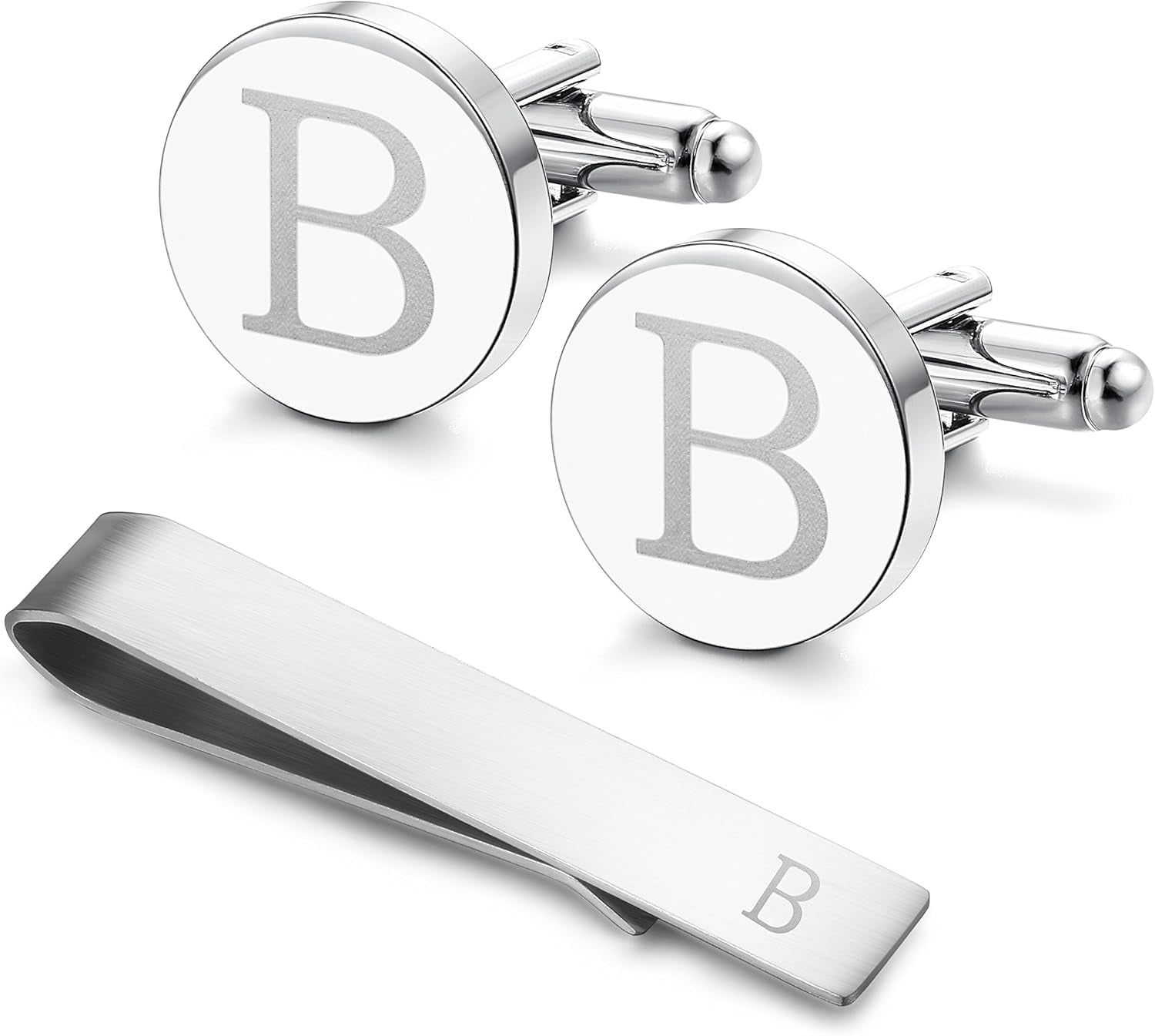 Stainless Steel Engraved Initial Cufflinks and Tie Clip Bar Set ...