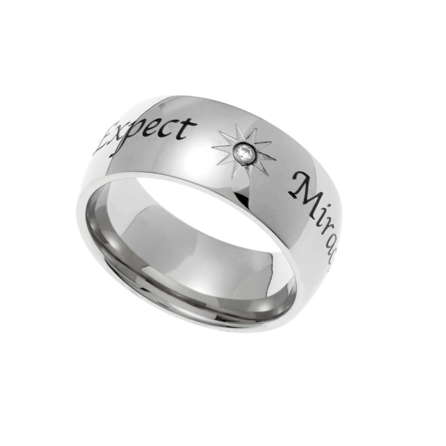 Stainless Steel "Expect Miracles" Inspirational Ring with Cubic ...