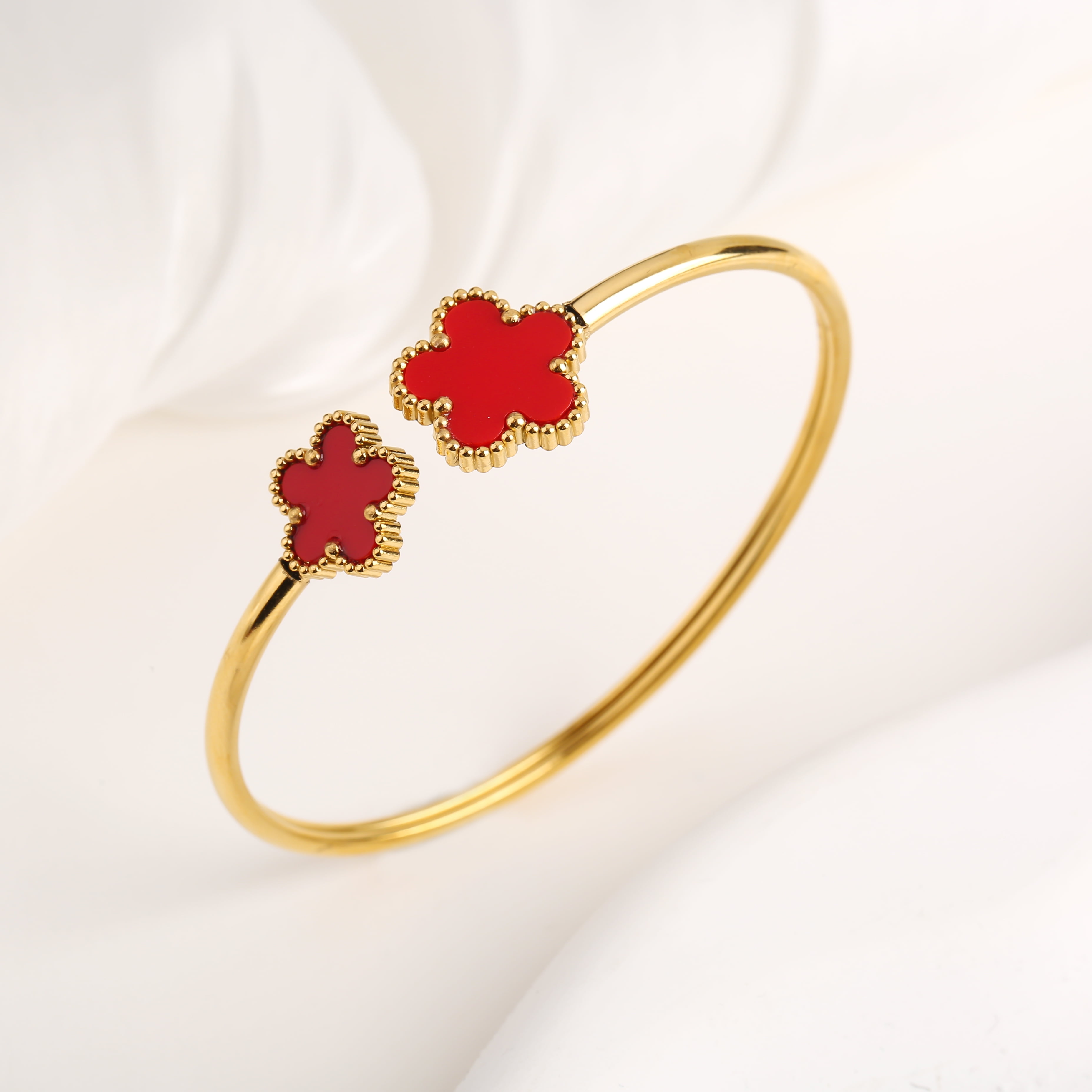 Stainless Steel Exquisite Five-Leaf Flower Open Bangle Gold Color ...