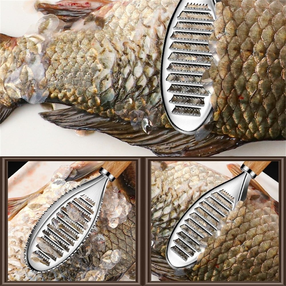 Stainless Steel Fish Skin Brush Scrape Easy Fish Scales Remover Wooden ...