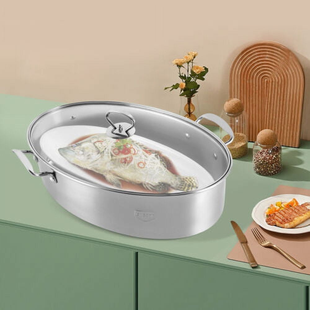 Stainless Steel Fish Steamer Pot Rack W/ Glass Lid Multi-Cooker Kitchen ...