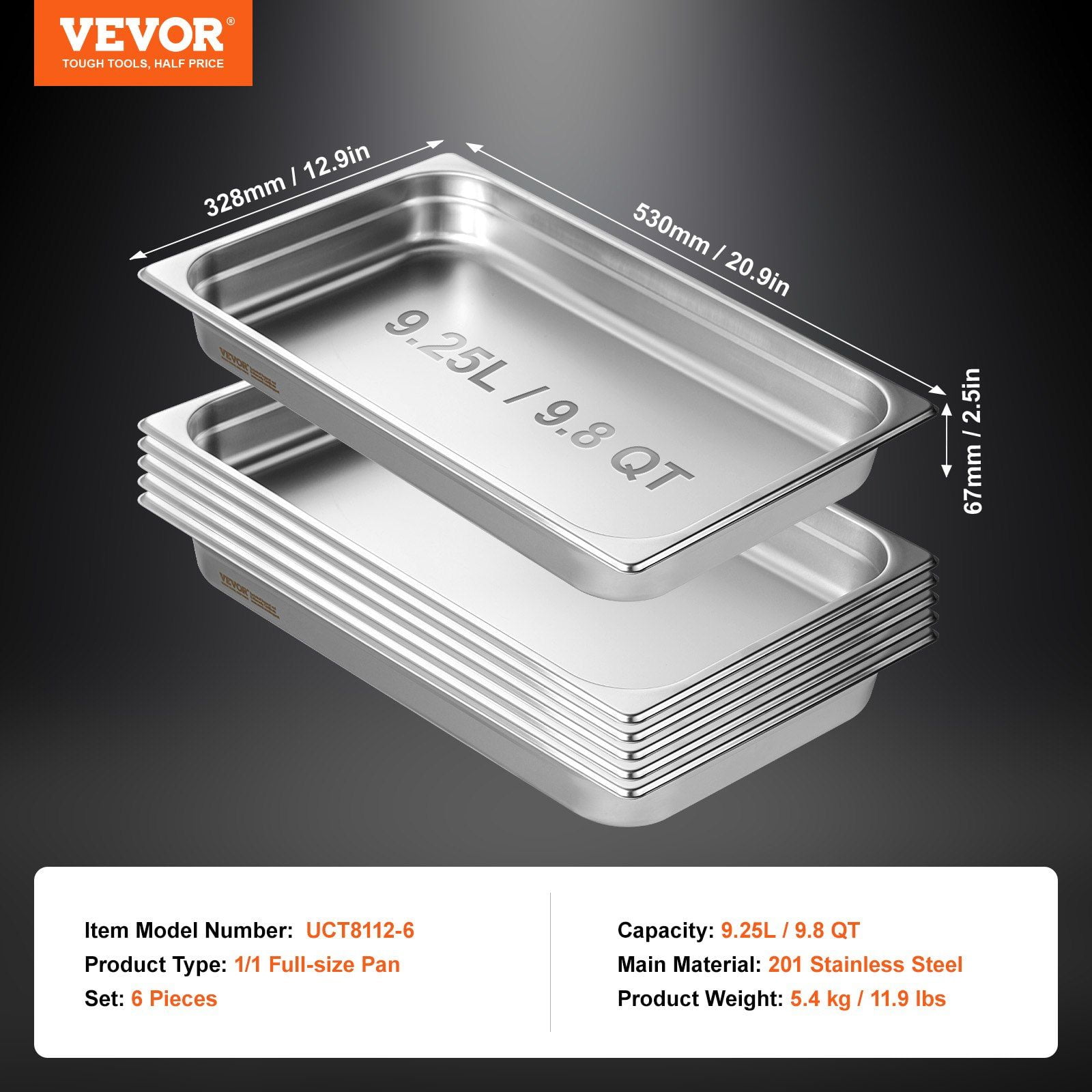 Stainless Steel Food Pans 6-Pack – Full Size Steam Table Pans, 0.8mm ...