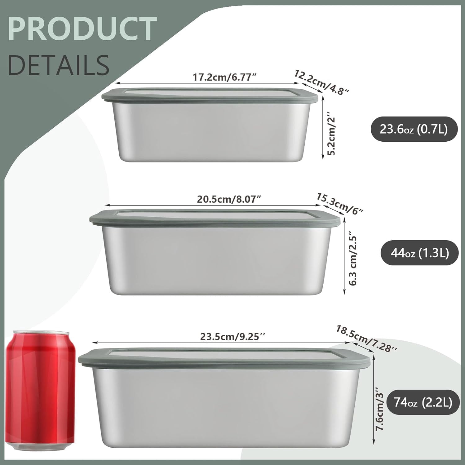 Stainless Steel Food Storage Container with Glass Lids, 3 Pack Nested ...