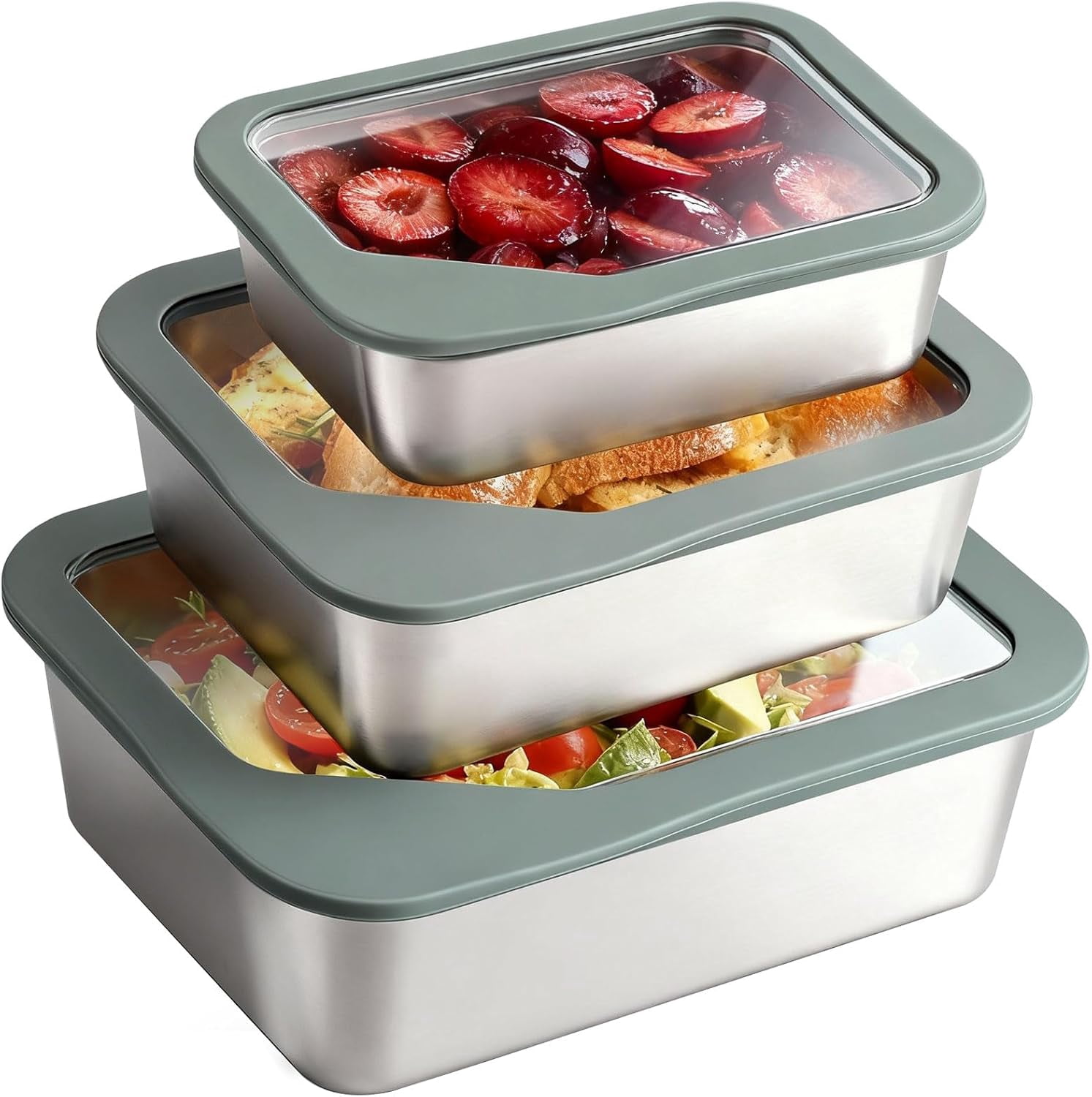 Stainless Steel Food Storage Container with Glass Lids, 3 Pack Nested ...