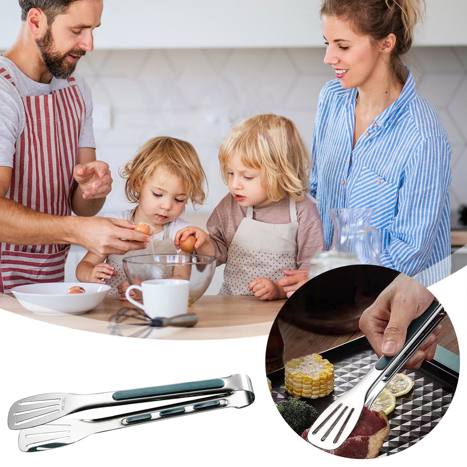 Stainless Steel Food Tongs | Green Handle Three-Prong Grip | High Heat ...