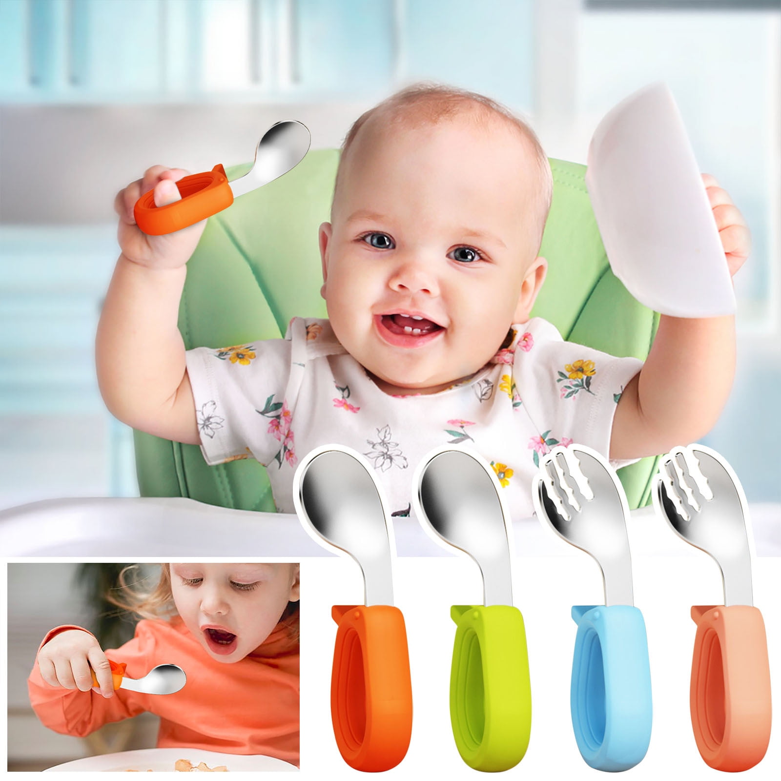 Stainless Steel Fork Spoon Set, Elbow Training Utensils, Kid-Friendly Learning Tableware ...