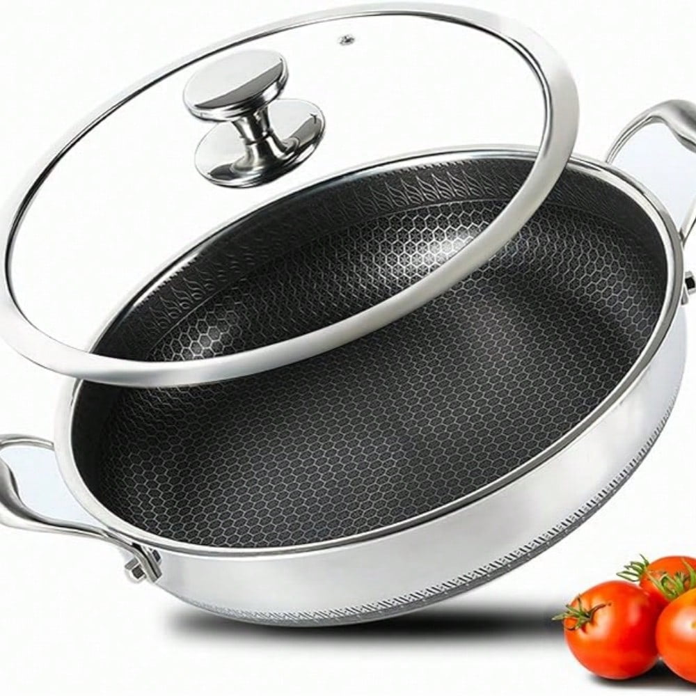 Stainless Steel Frying Pan-Hex Nonstick Wok With Lid, Two Handle Hold ...