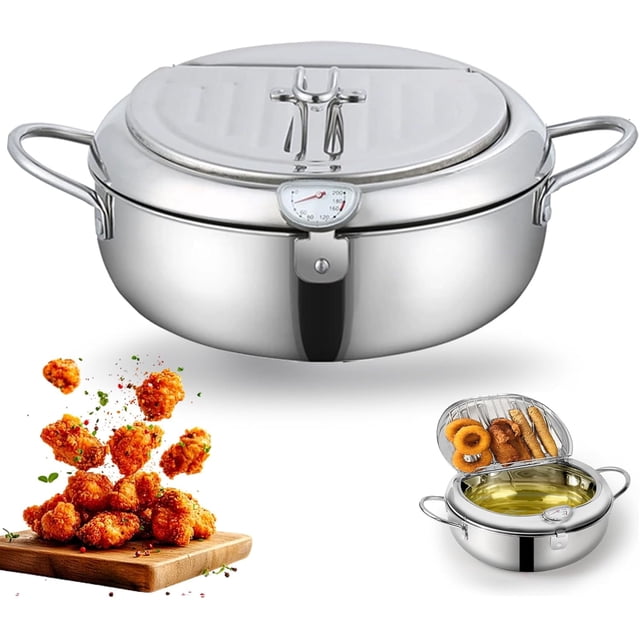 Stainless Steel Frying Pot with Thermometer and Oil Drip Drainer Rack ...