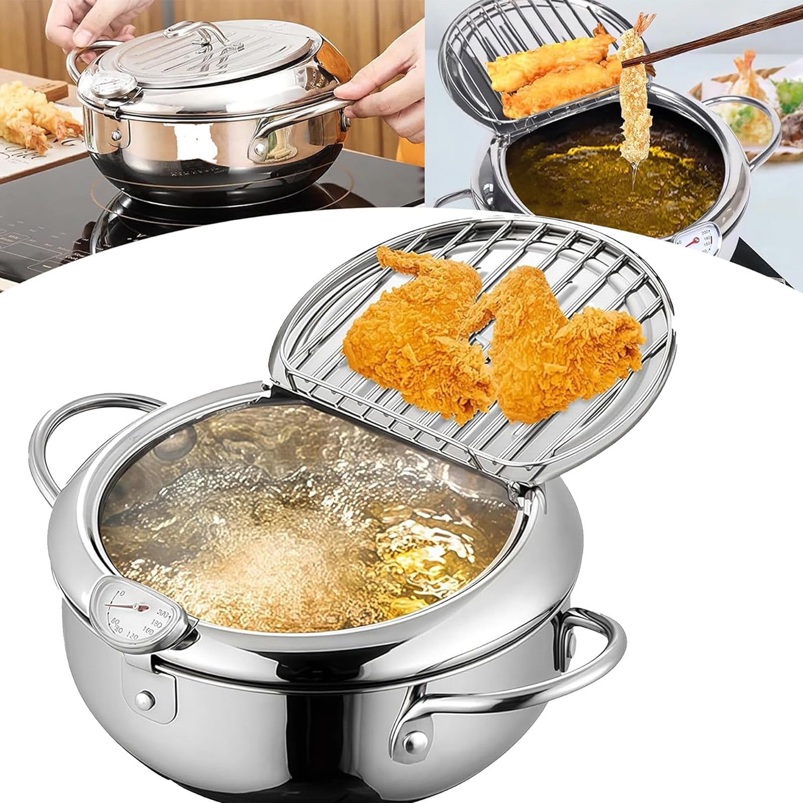 Stainless Steel Frying Pot with Thermometer and Oil Drip Drainer Rack ...