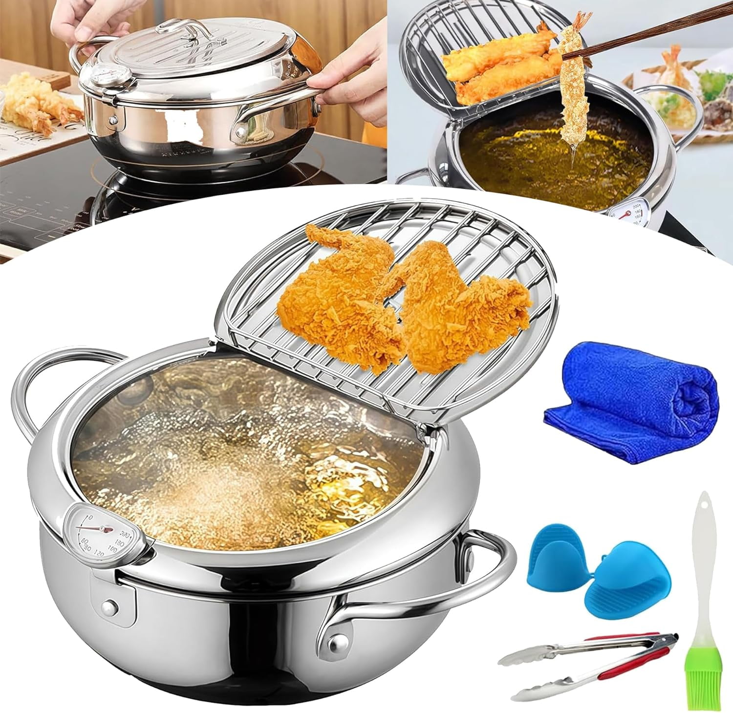 Stainless Steel Frying Pot with Thermometer and Oil Drip Drainer Rack ...