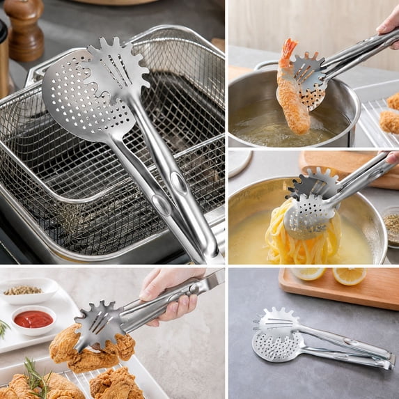 Stainless Steel Frying Tongs, Long Handle Food Skimmer with Fine Mesh ...