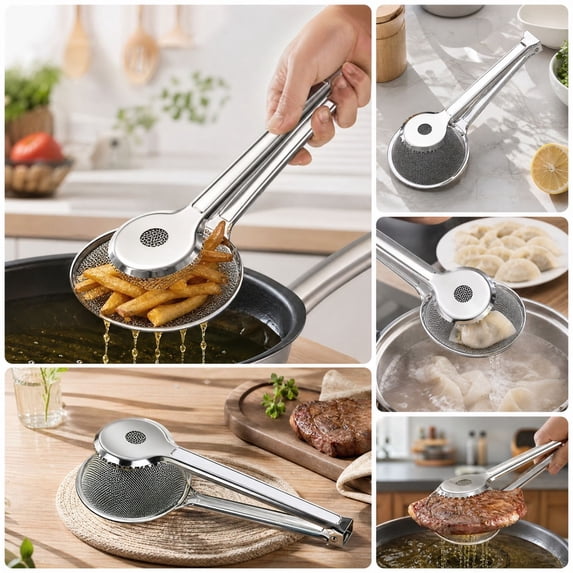 Stainless Steel Frying Tongs, Long Handle Food Skimmer with Fine Mesh ...
