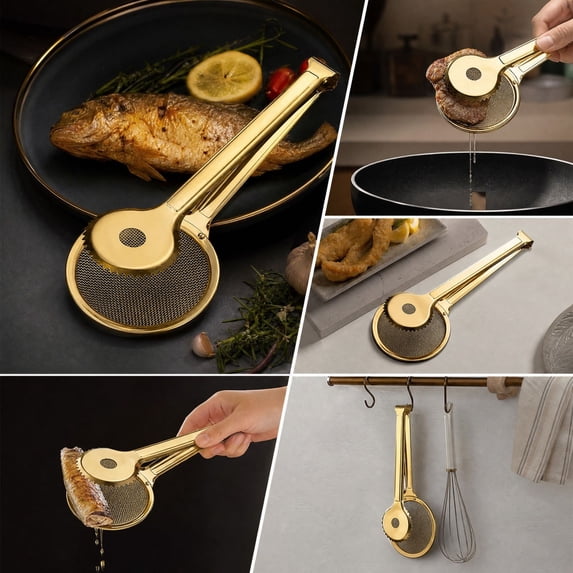 Stainless Steel Frying Tongs, Long Handle Food Skimmer with Fine Mesh ...